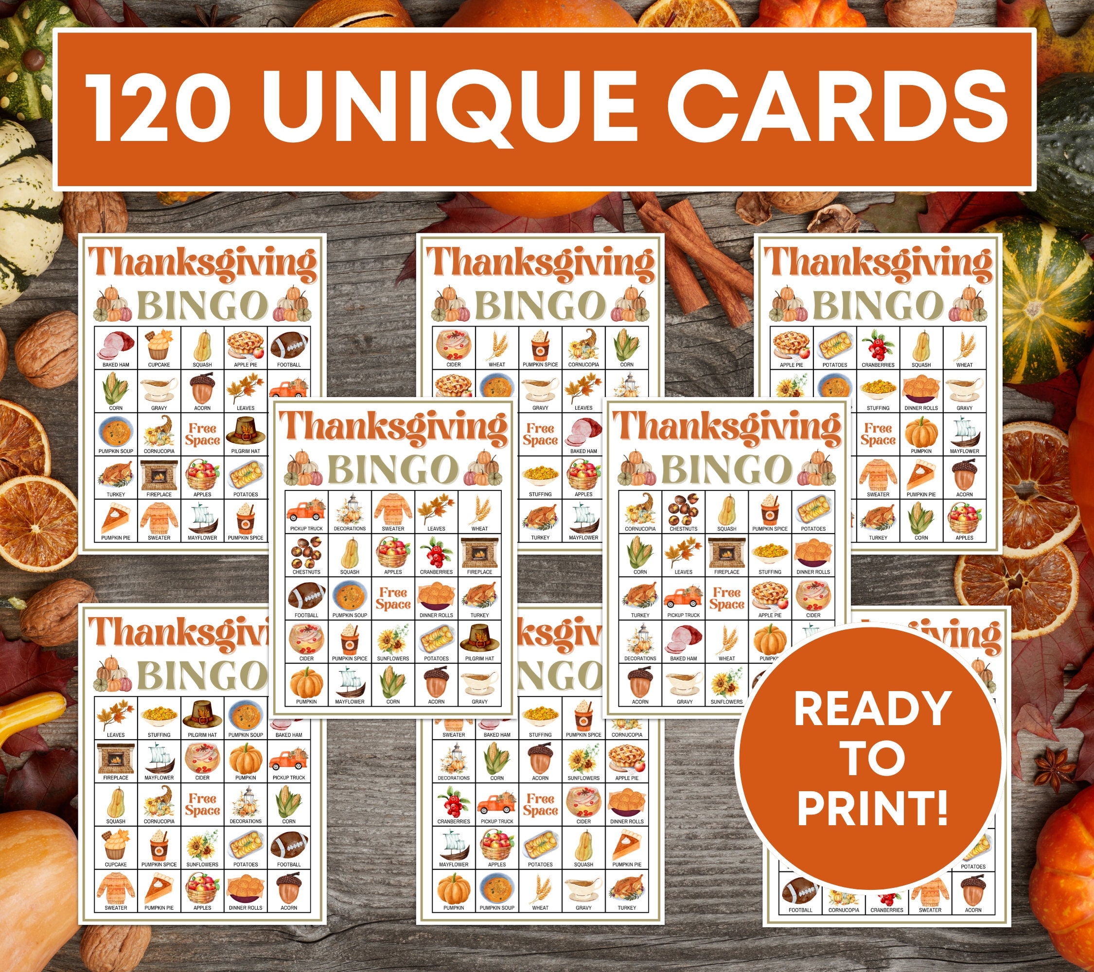 120 Thanksgiving Bingo Cards Printable Game, Thanksgiving Fall Bingo ...