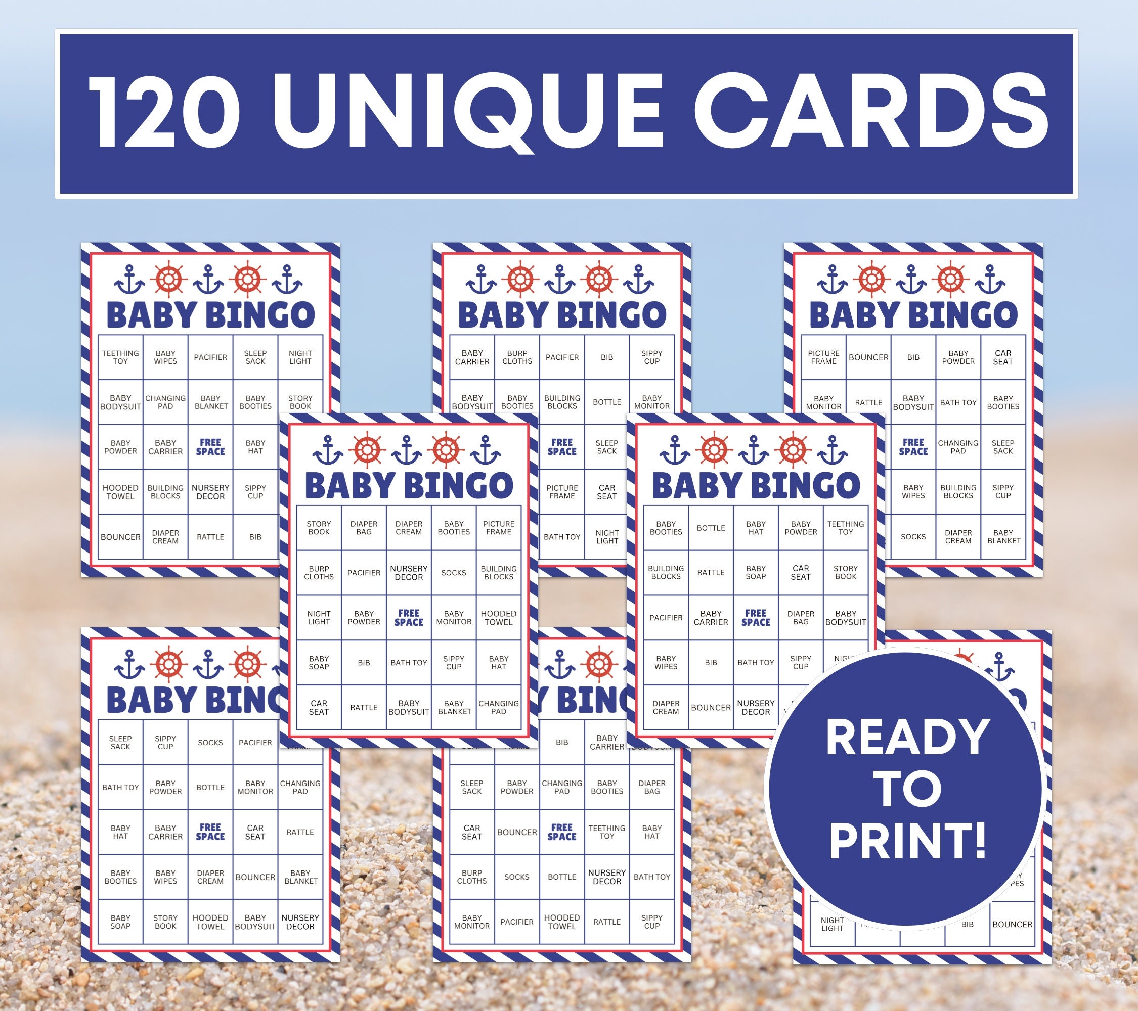 120 Ahoy Nautical Baby Shower Bingo Cards Printable Game, Baby Boy ...
