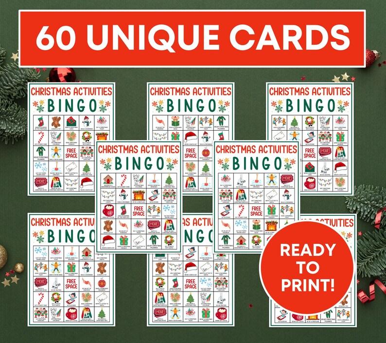 60 Christmas Bingo Card Printable Game,christmas Bingo Board,christmas ...