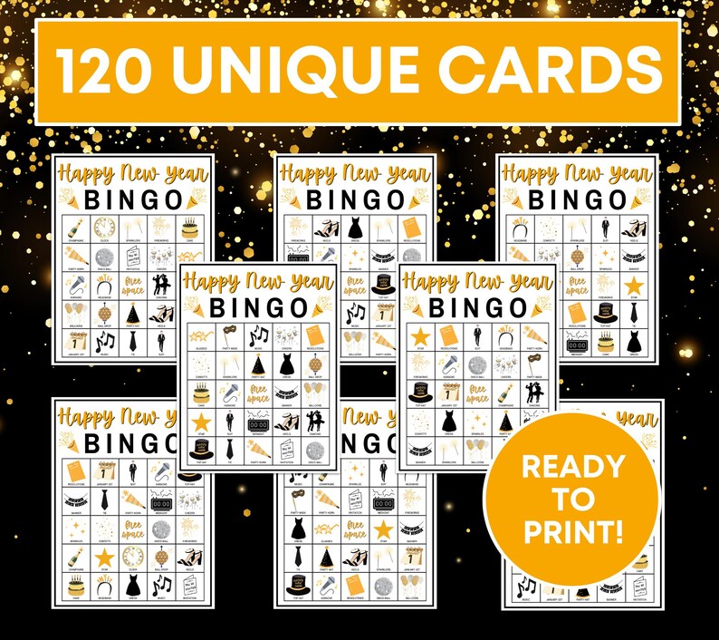 120 New Years Bingo Cards Printable Game, New Years Eve Bingo Boards ...