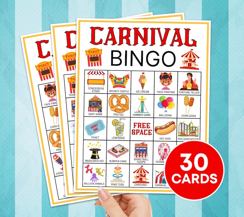 30 Carnival Bingo Cards Printable Game, Carnival Party Bingo Boards ...