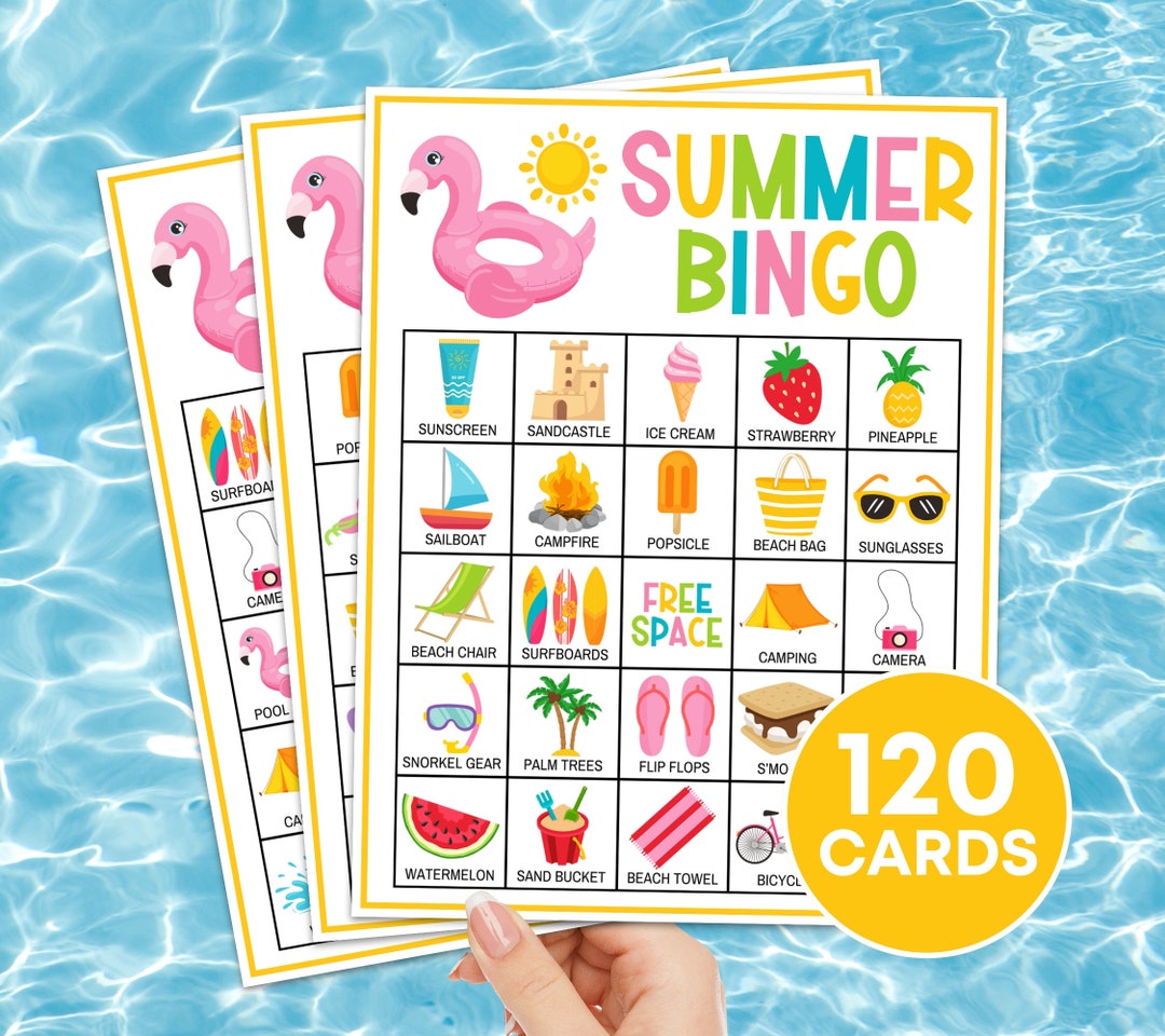 120 Summer Bingo Cards Printable Game, Summer Birthday Party Bingo Game ...
