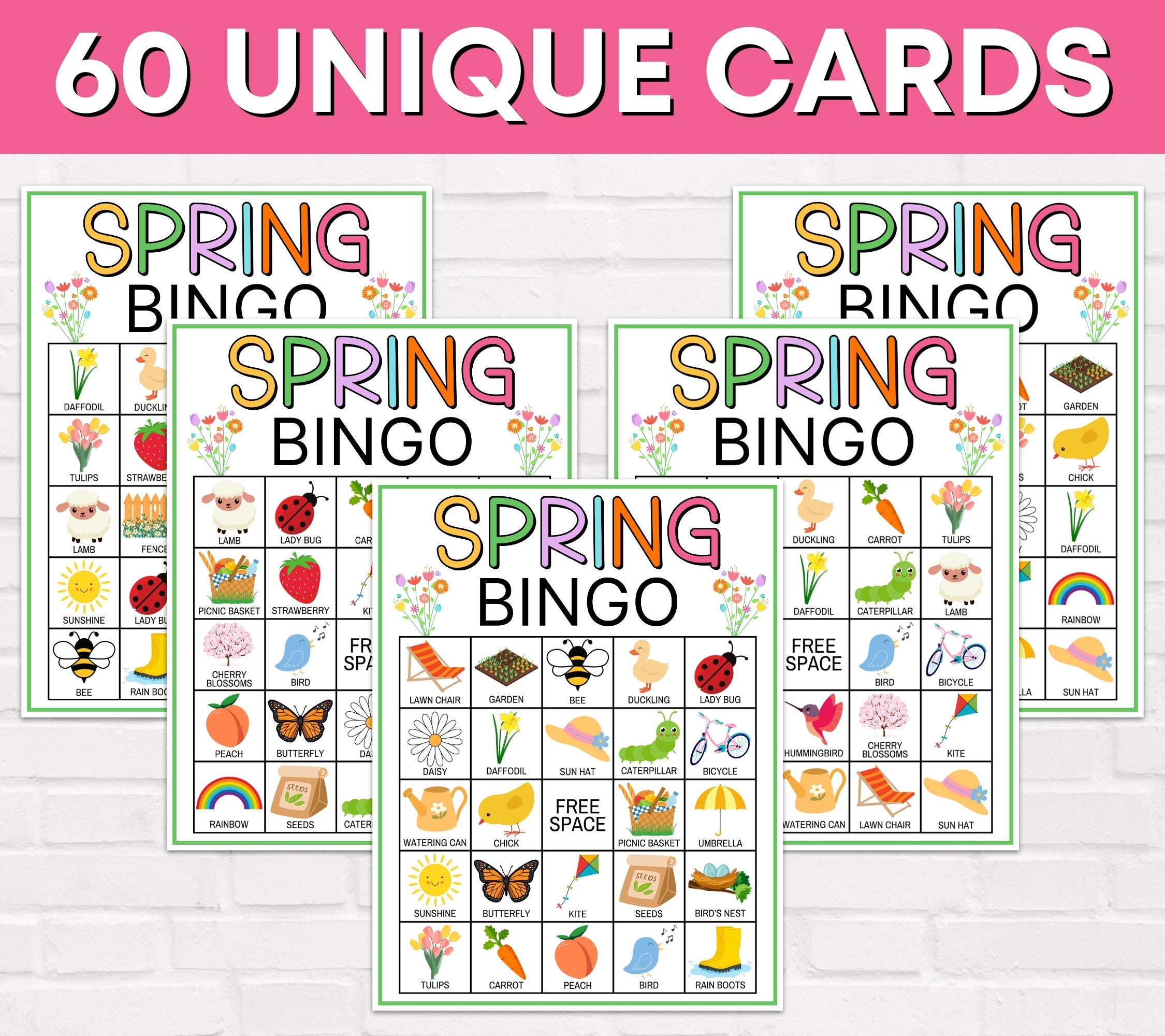 60 Spring Bingo Cards Printable Game, Spring Bingo Kids Classroom ...