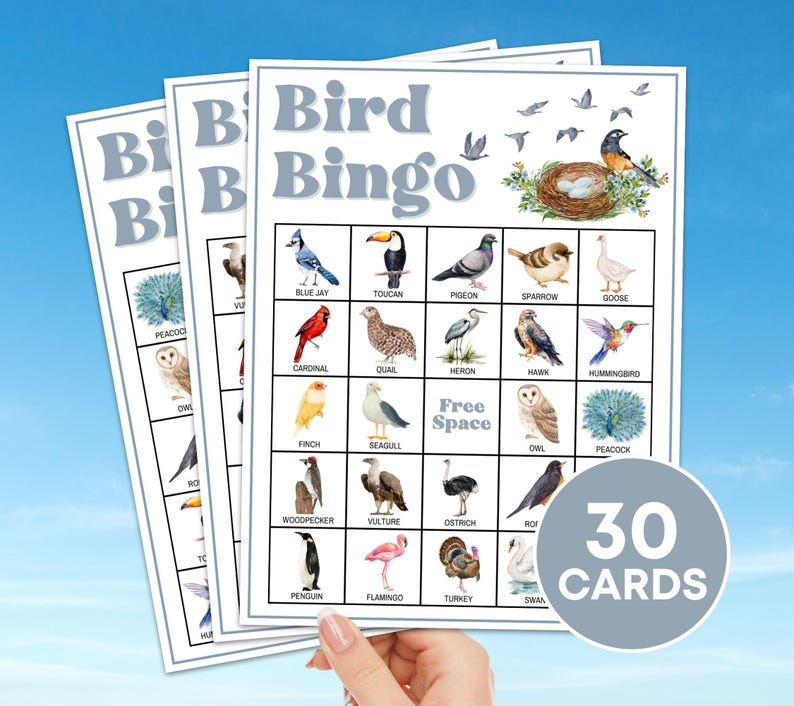 30 Bird Bingo Cards Printable Game, Bird Watching Bingo Activity Kids ...