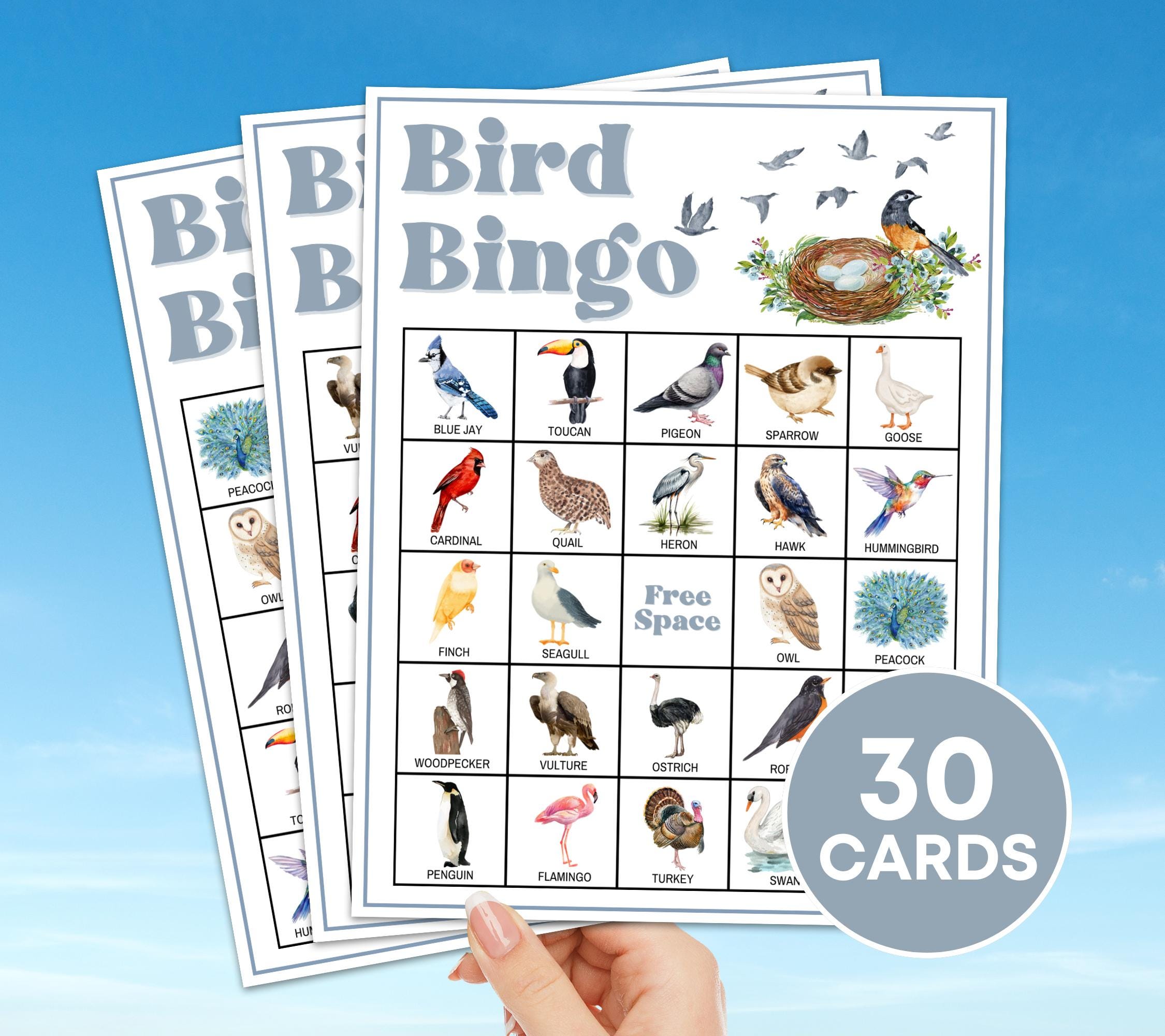 30 Bird Bingo Cards Printable Game, Bird Watching Bingo Activity Kids ...