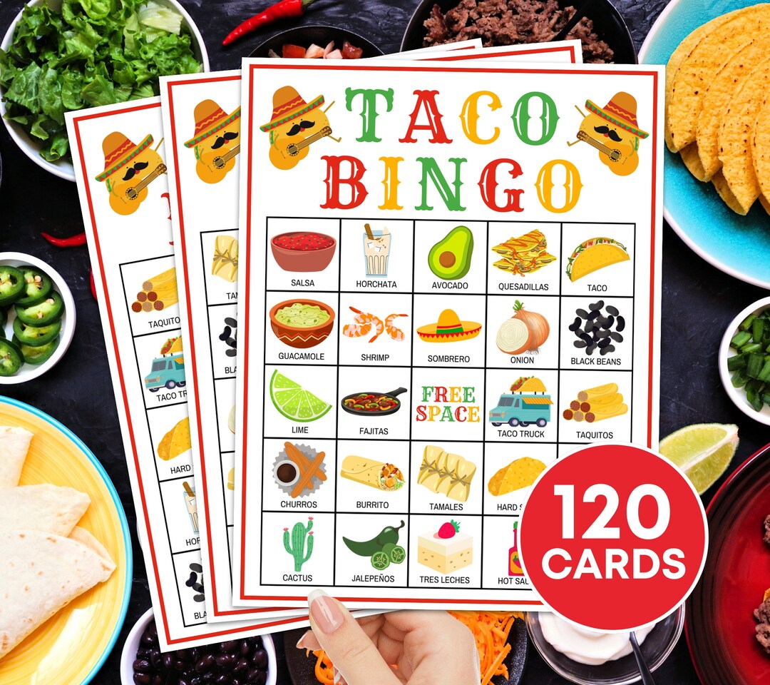 120 Taco Party Bingo Cards Printable Game, Fiesta Taco Tuesday Cinco De ...