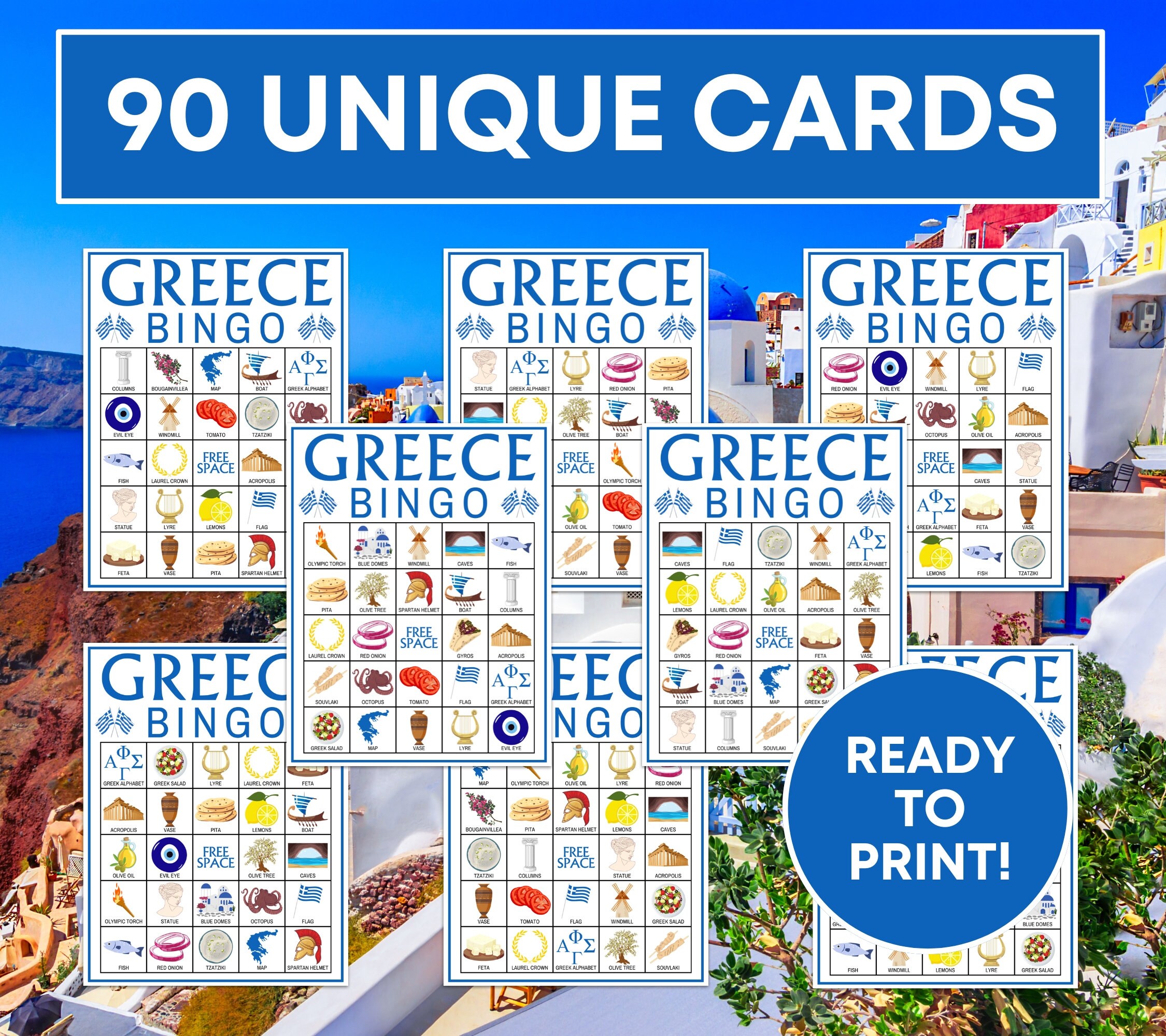 90 Greece Bingo Cards Printable Game, Greece Travel Bingo Boards Game ...
