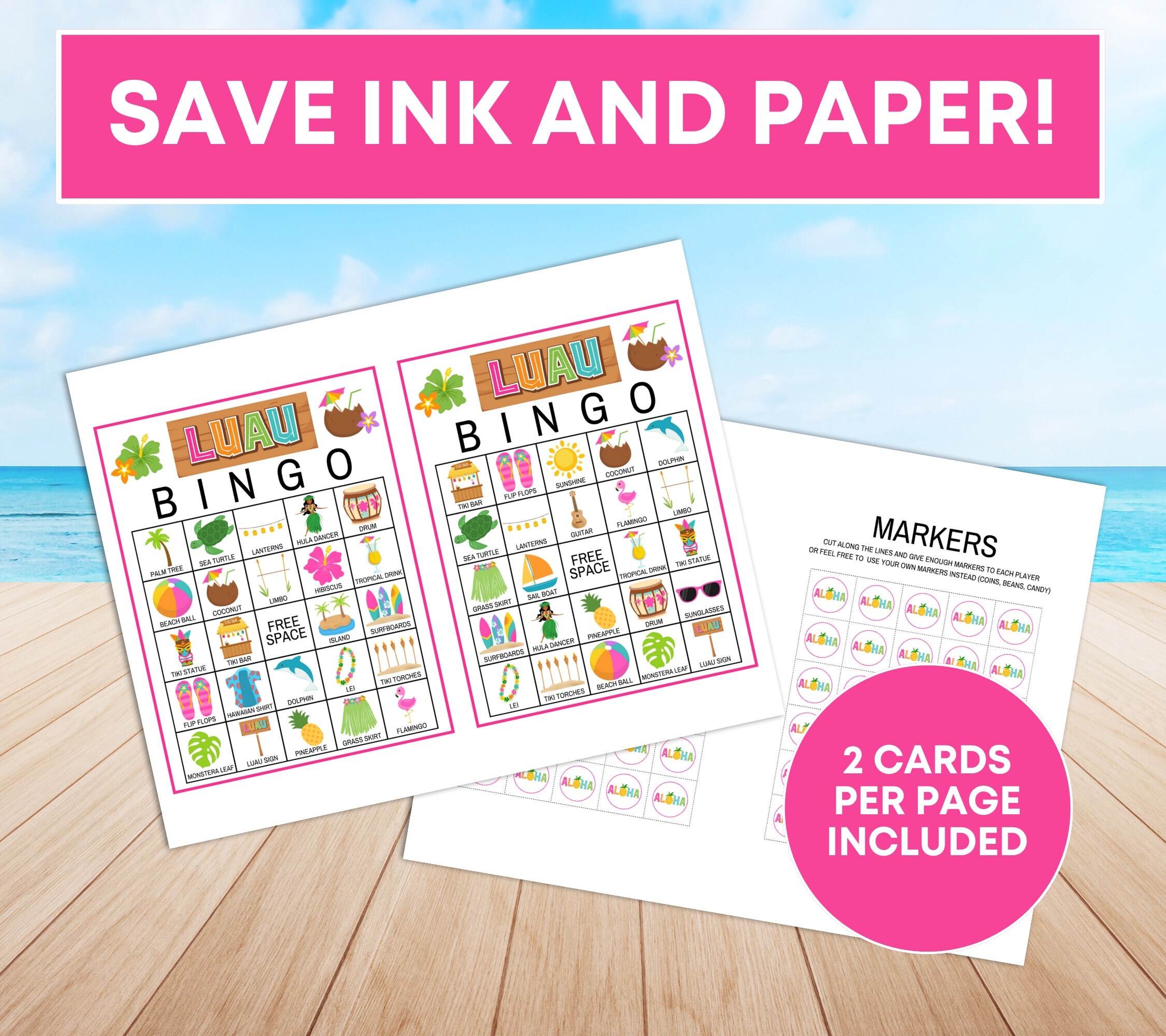 60 Luau Bingo Cards Printable Game, Aloha Hawaiian Birthday Party Bingo ...