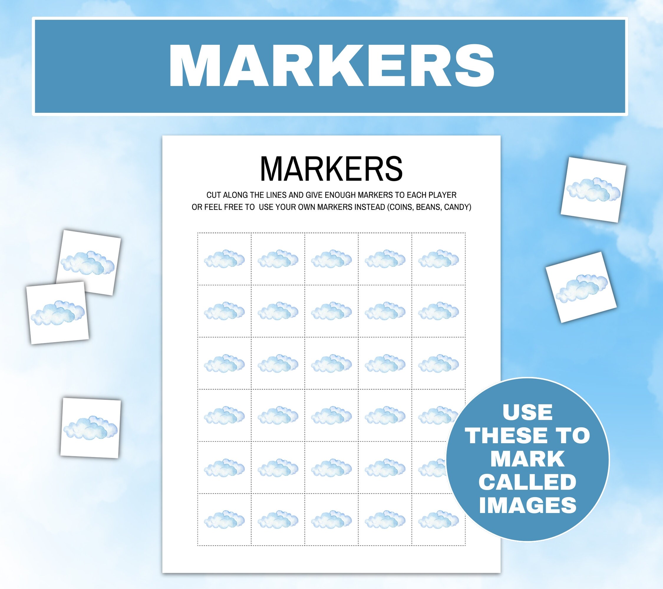 120 Clouds Baby Shower Bingo Cards Printable Game, Blue Clouds Baby Boy ...