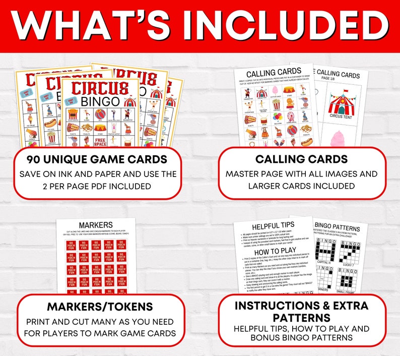 90 Circus Bingo Cards Printable Game, Circus Party Bingo Game Boards ...