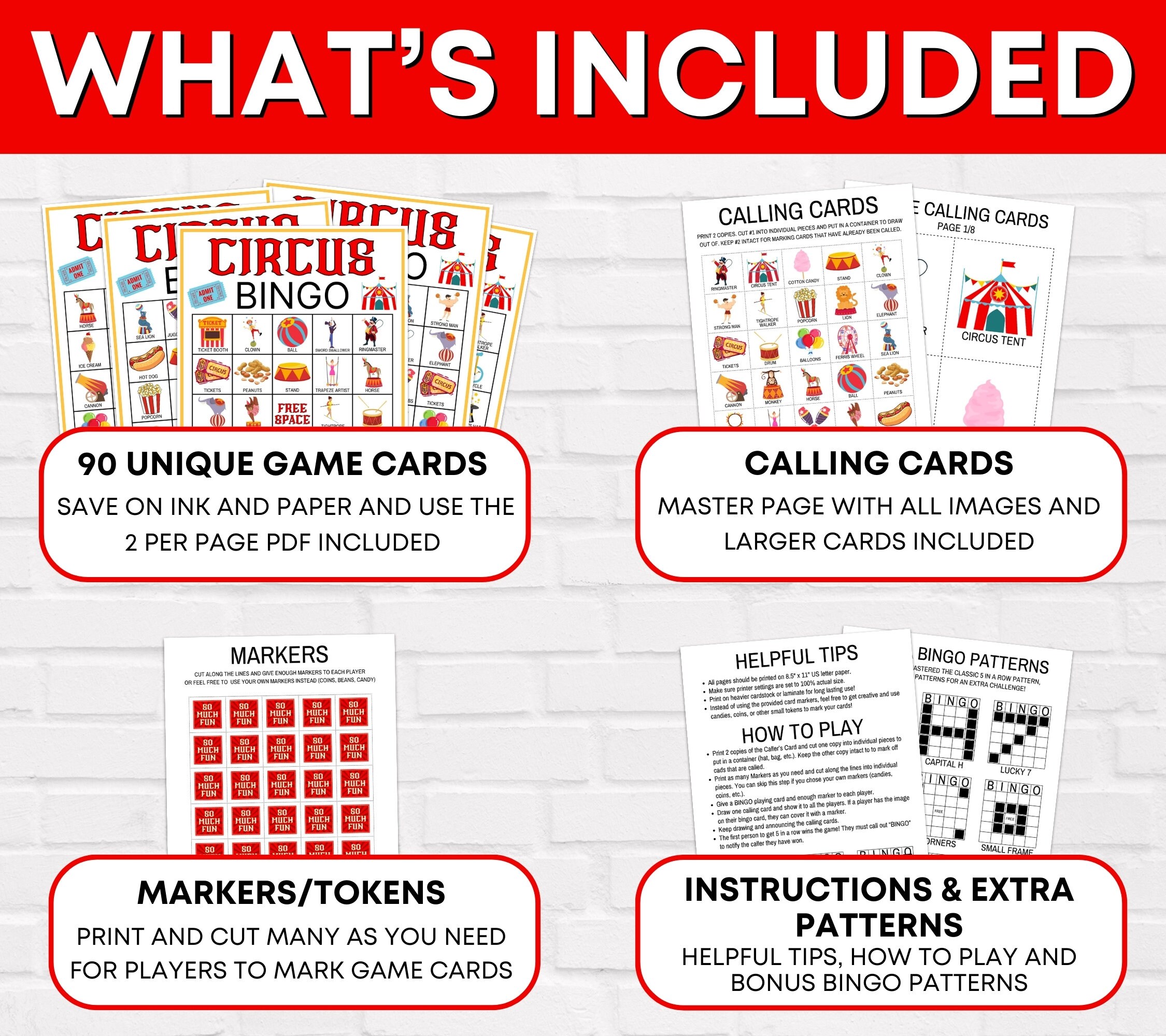 90 Circus Bingo Cards Printable Game, Circus Party Bingo Game Boards ...