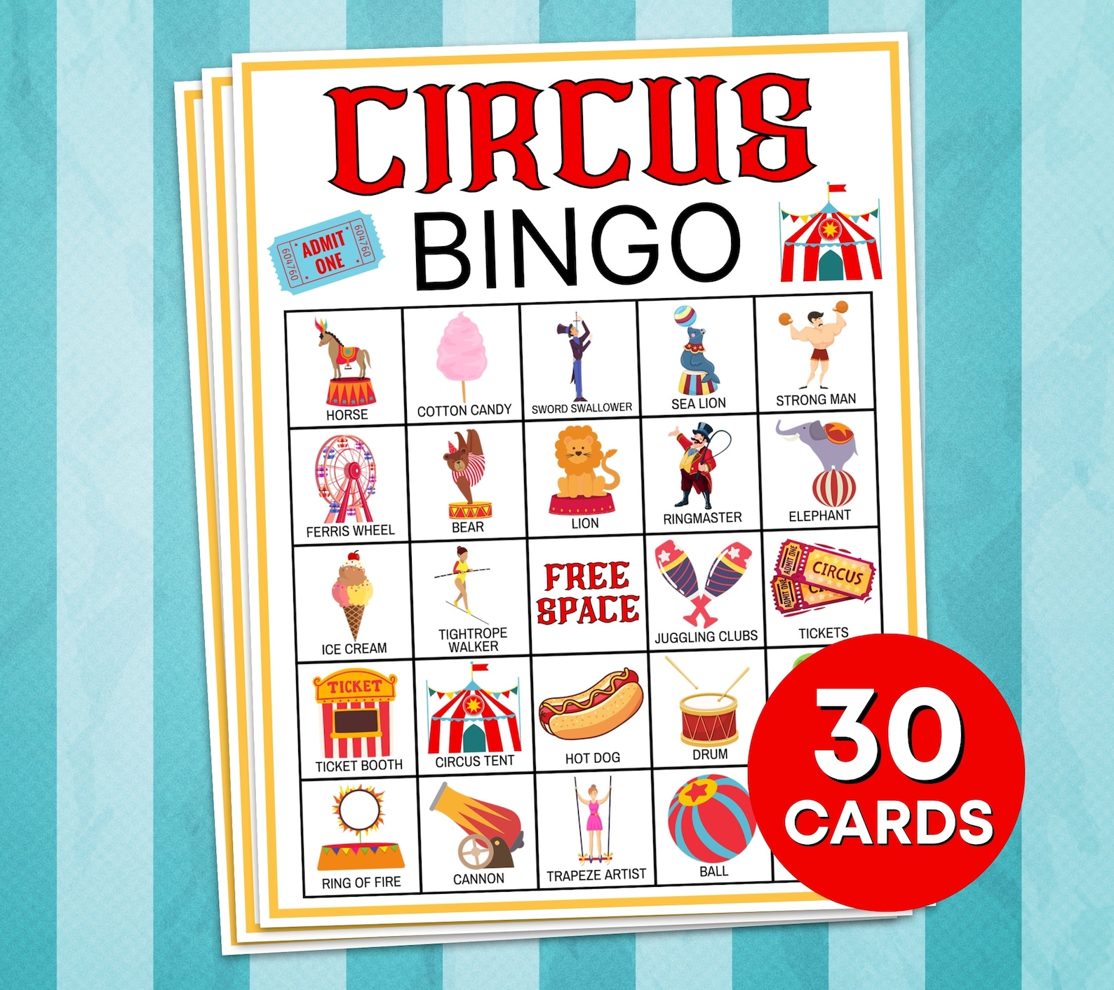 30 Circus Bingo Cards Printable Game, Circus Party Bingo Game Boards ...