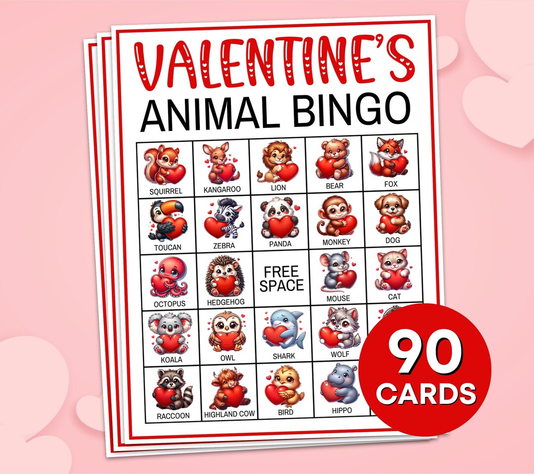 90 Valentines Animal Bingo Cards Printable Game, Valentines Animal ...