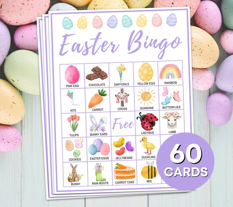 60 Easter Bingo Cards Printable Game, Easter Bingo Boards Activity for ...