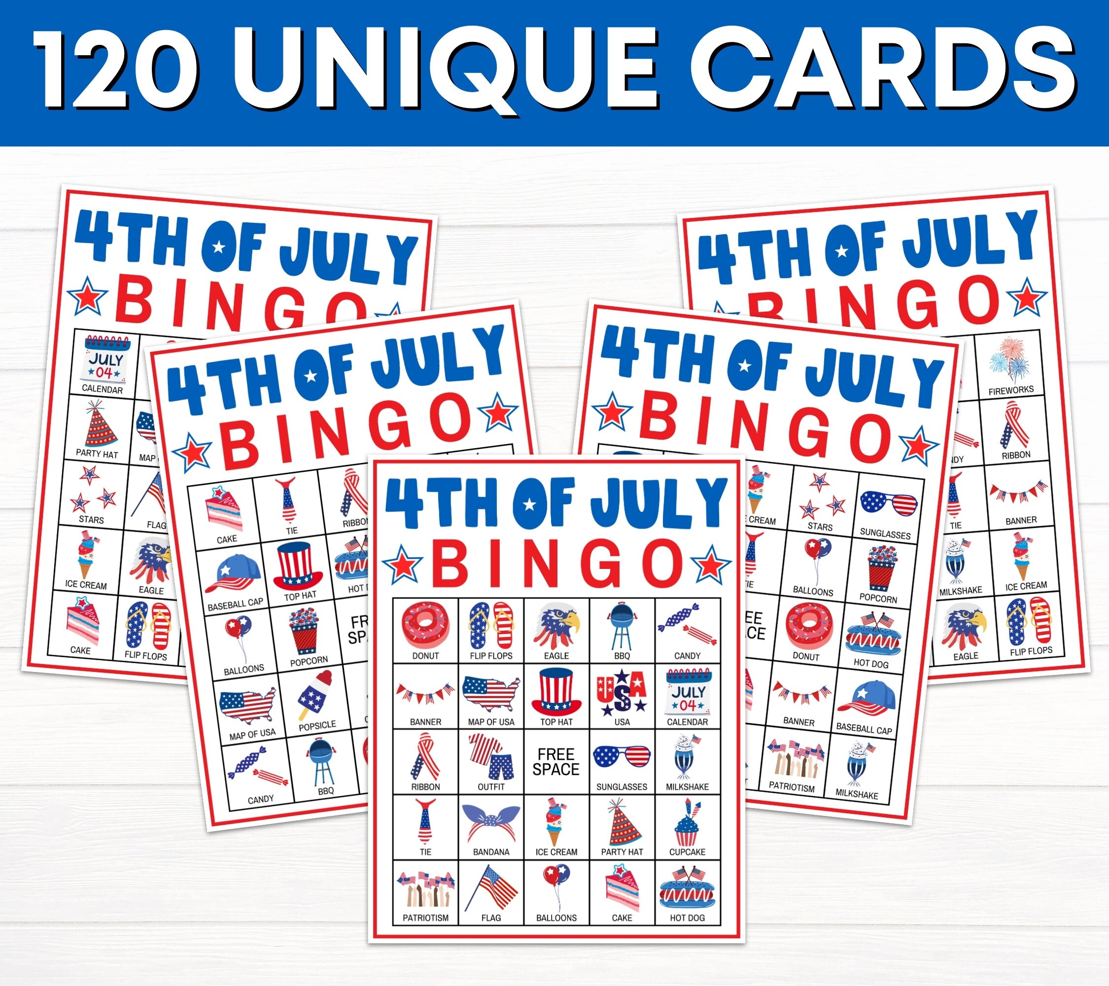 120 Fourth of July Bingo Cards Printable Game, 4th of July USA ...