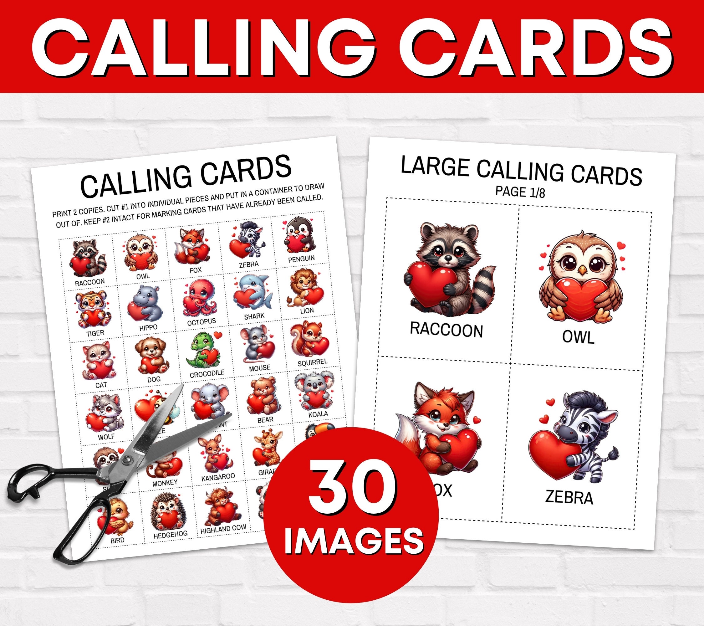 30 Valentines Animal Bingo Cards Printable Game, Valentines Animal ...