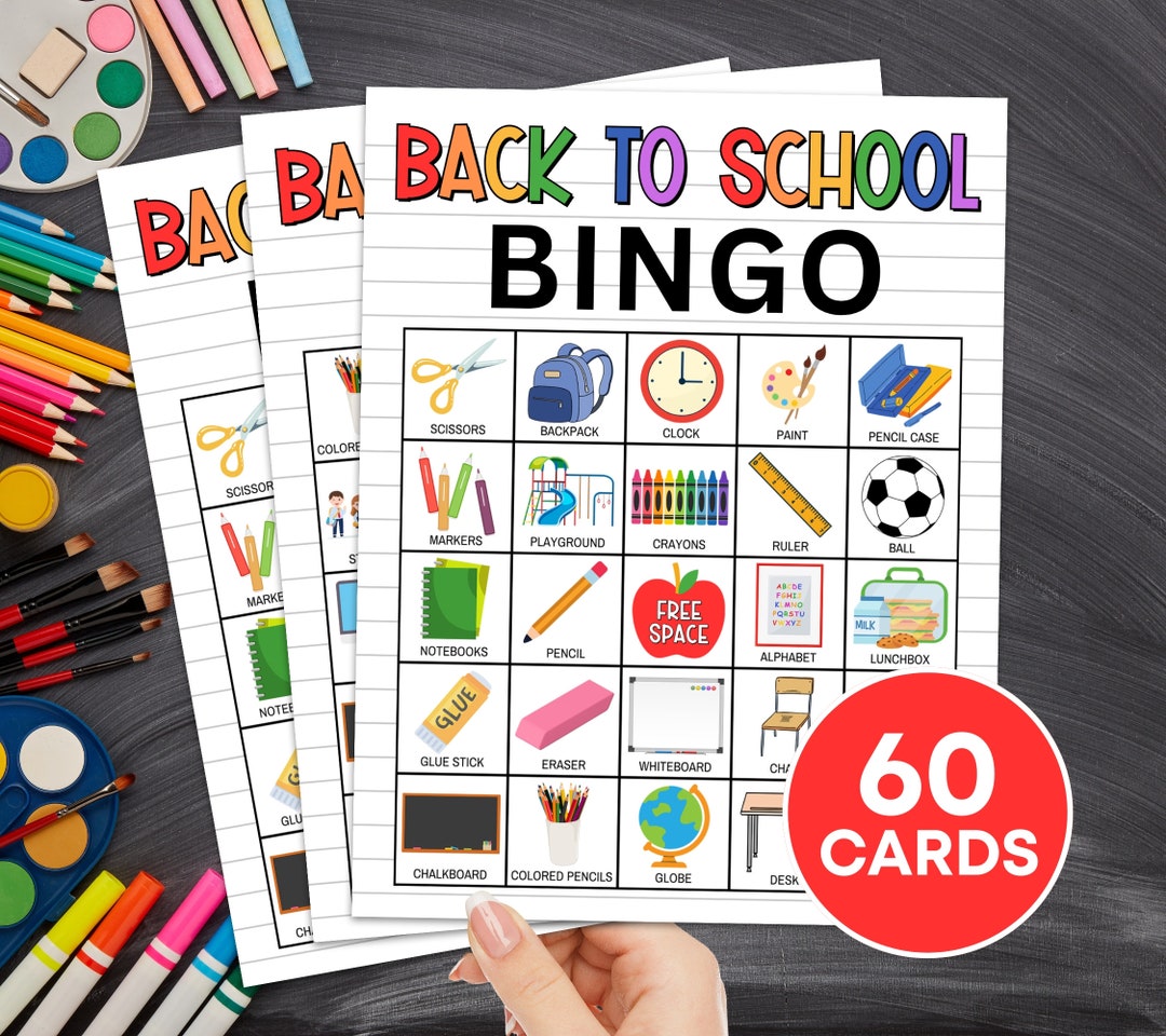 60 Back to School Bingo Cards Printable Game, First Day of School Bingo ...