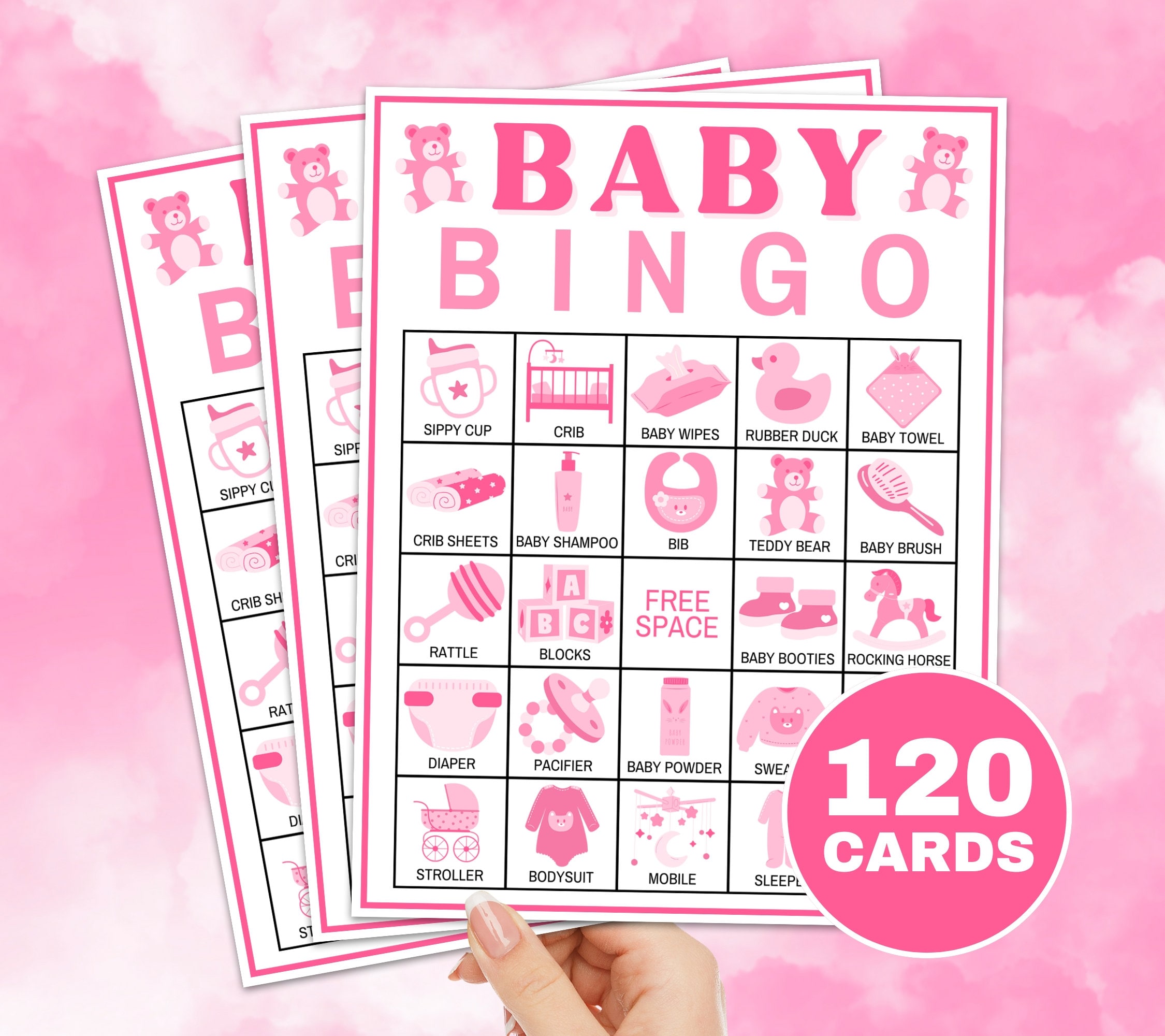 120 Baby Bingo Cards Printable Game, Baby Girl Shower Bingo Game Boards ...