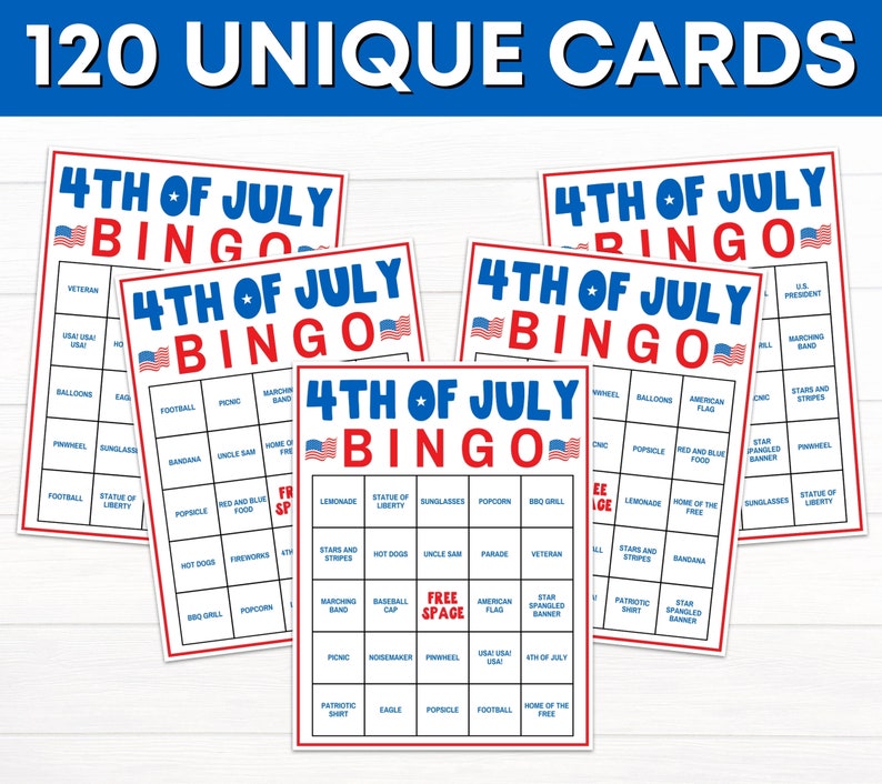 120 Fourth of July Bingo Cards Printable Game, 4th of July USA ...