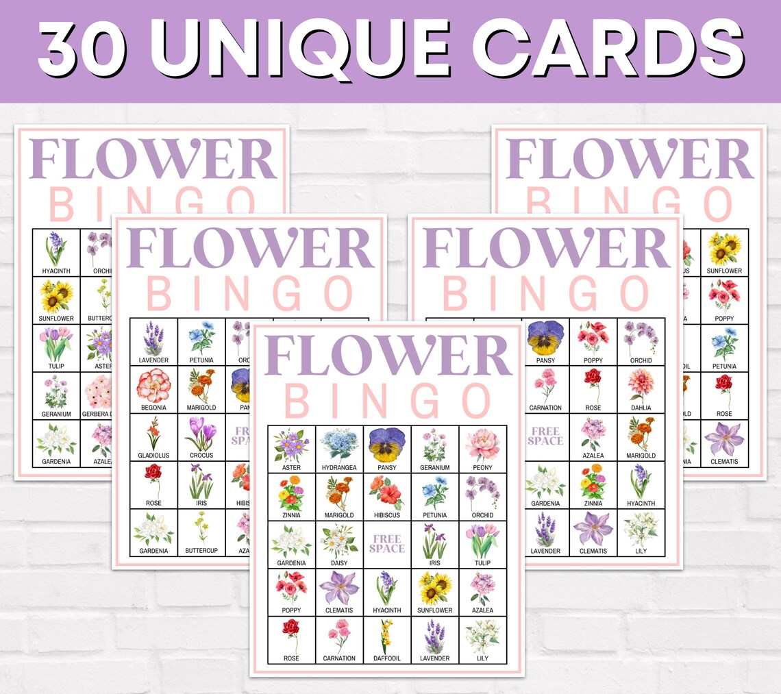 30 Flower Bingo Cards Printable Game, Floral Spring Bingo Boards Kids ...