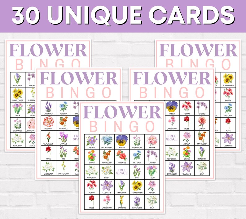 30 Flower Bingo Cards Printable Game, Floral Spring Bingo Boards Kids ...