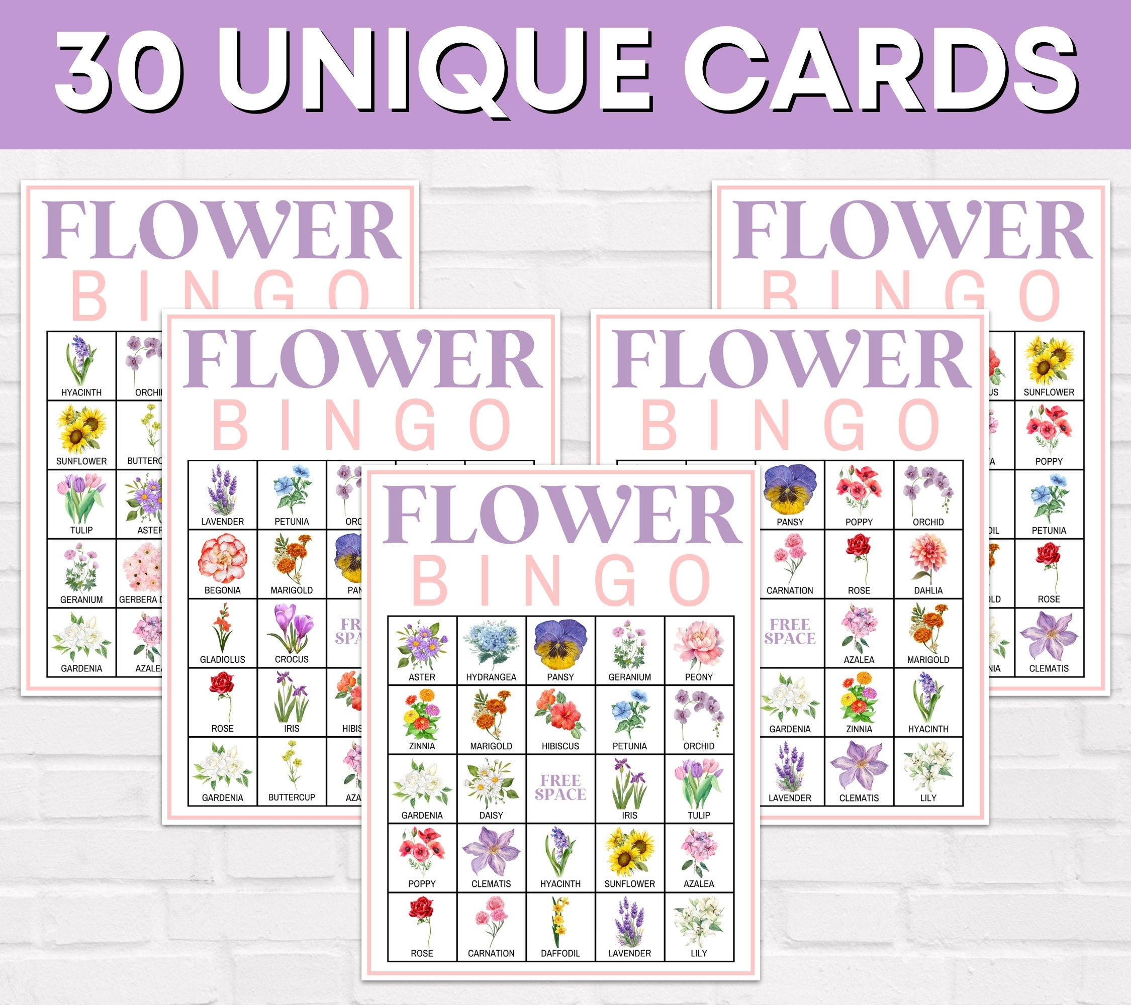 30 Flower Bingo Cards Printable Game, Floral Spring Bingo Boards Kids ...