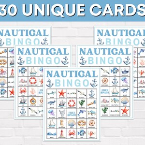 30 Nautical Bingo Cards Printable Game, Ocean Nautical Birthday Party ...