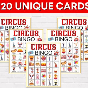 120 Circus Bingo Cards Printable Game, Circus Party Bingo Game Boards ...