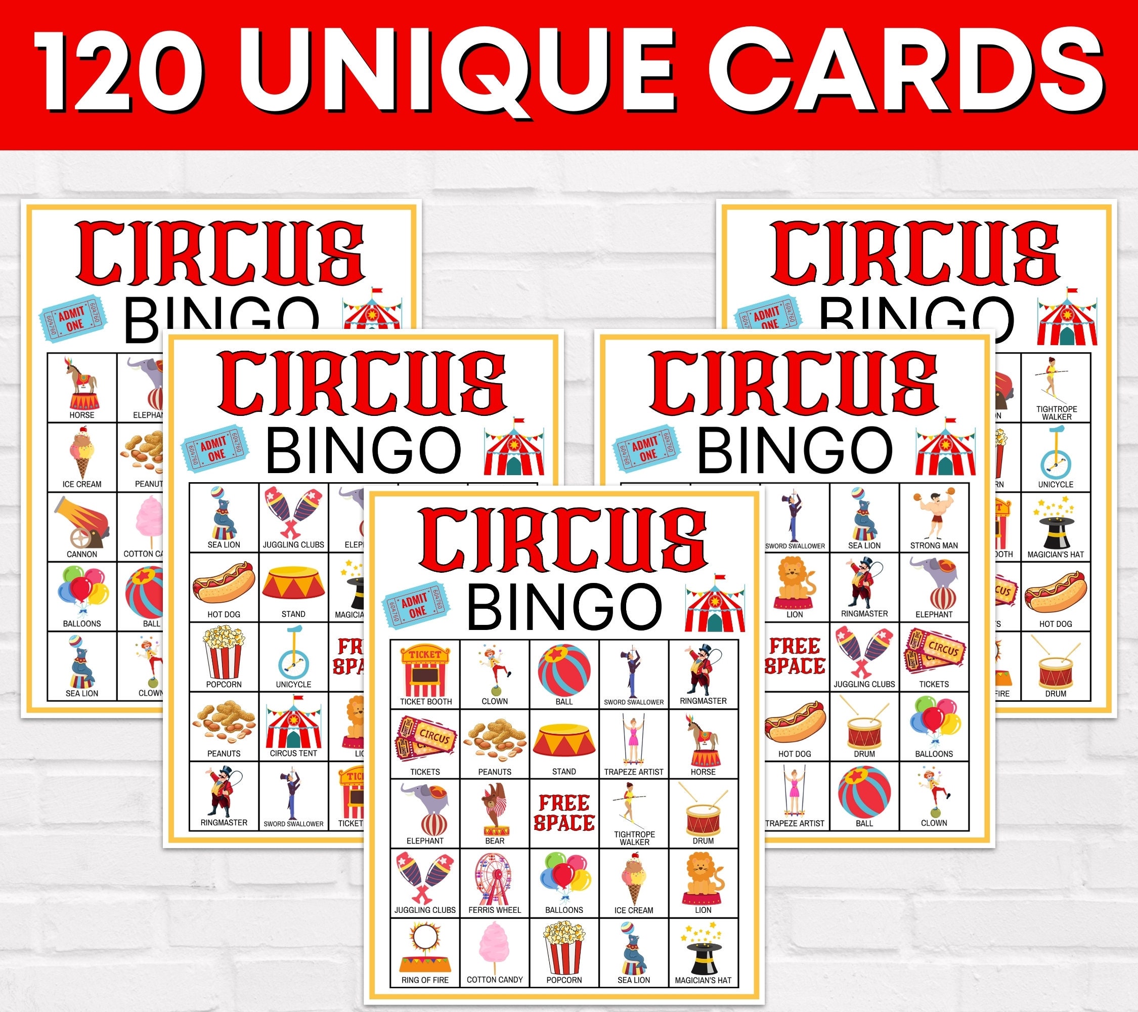 120 Circus Bingo Cards Printable Game, Circus Party Bingo Game Boards ...