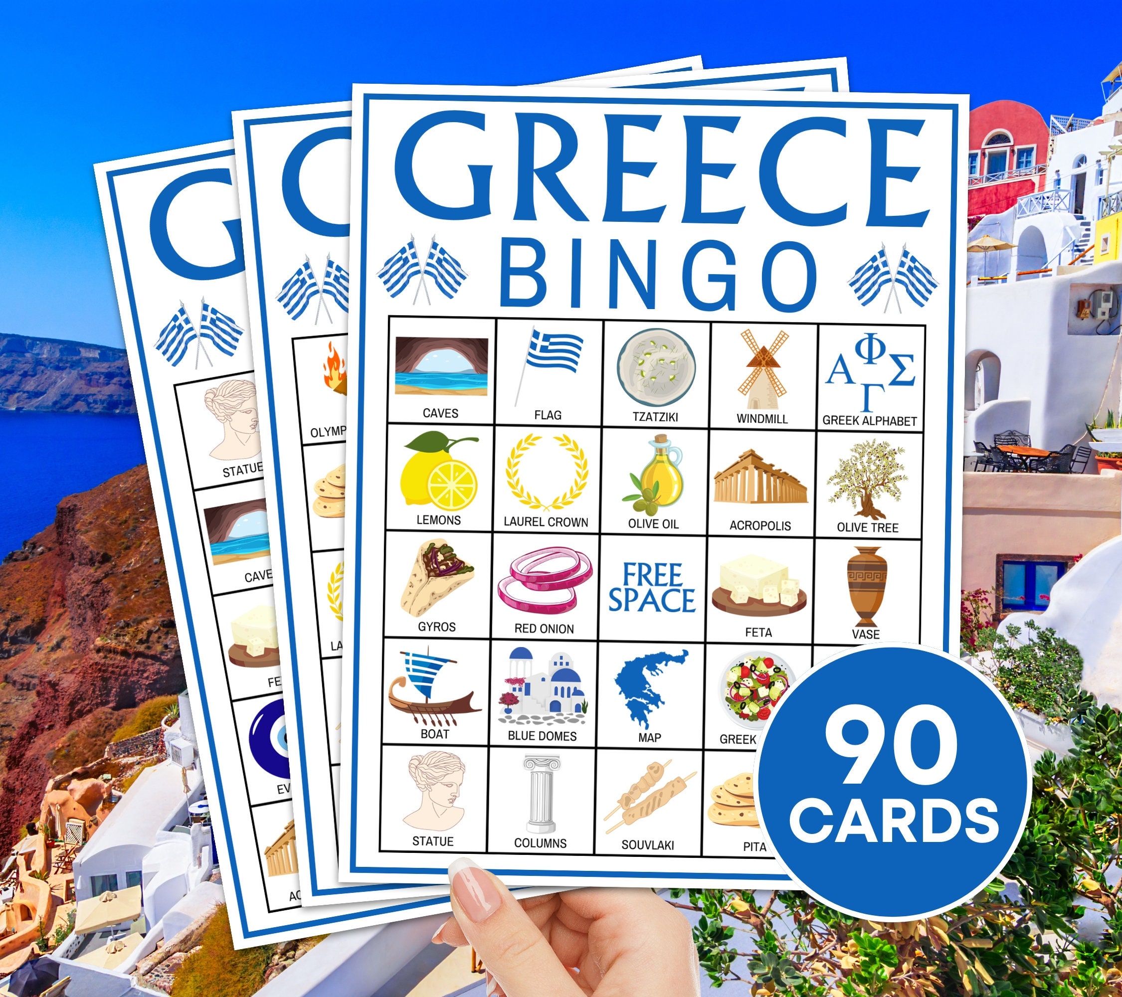 90 Greece Bingo Cards Printable Game, Greece Travel Bingo Boards Game ...