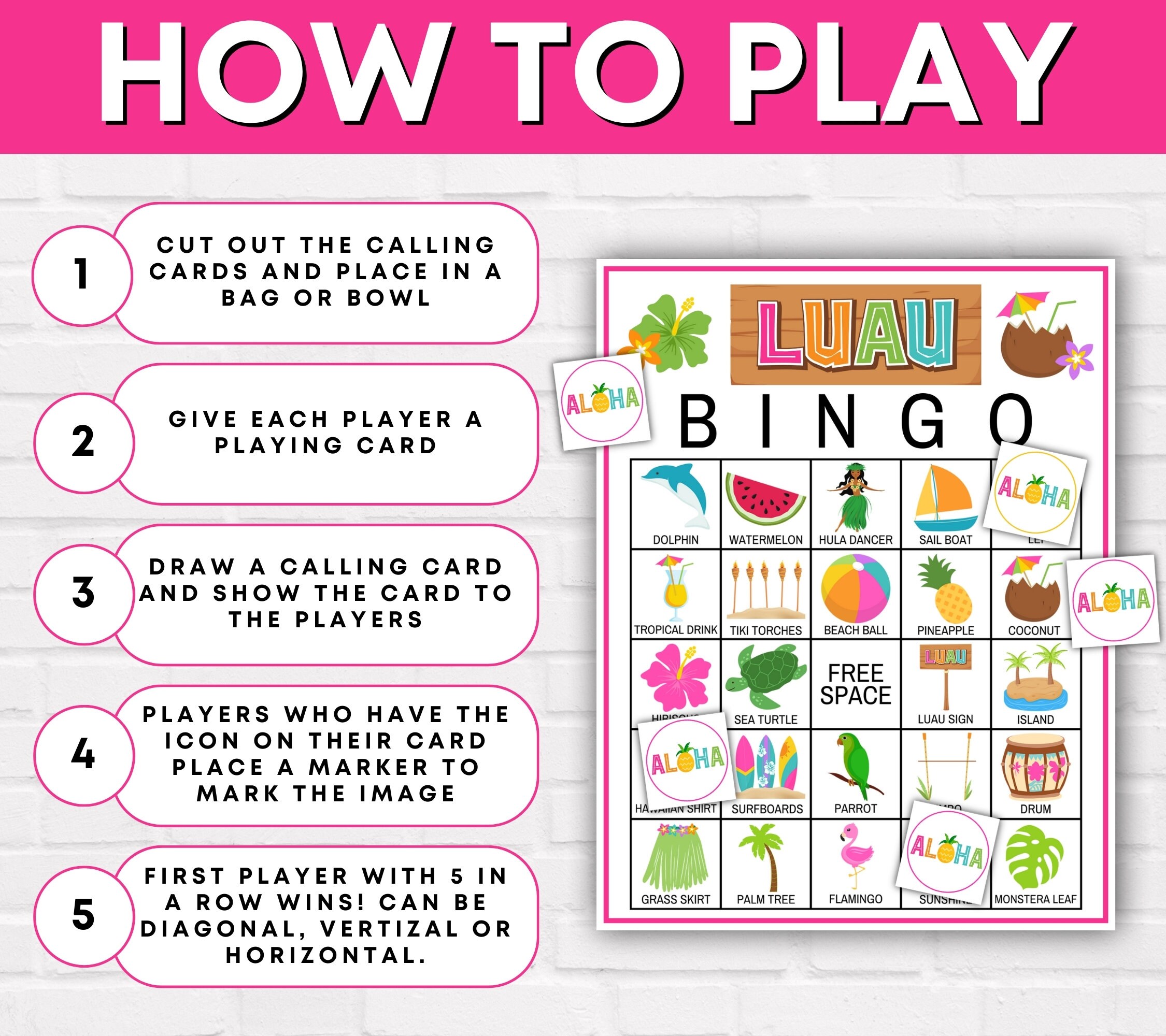 90 Luau Bingo Cards Printable Game, Aloha Hawaiian Birthday Party Bingo ...