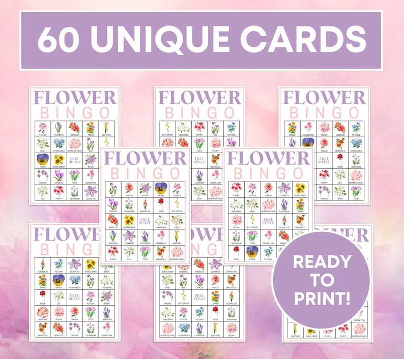 60 Flower Bingo Cards Printable Game, Floral Spring Bingo Boards Kids ...