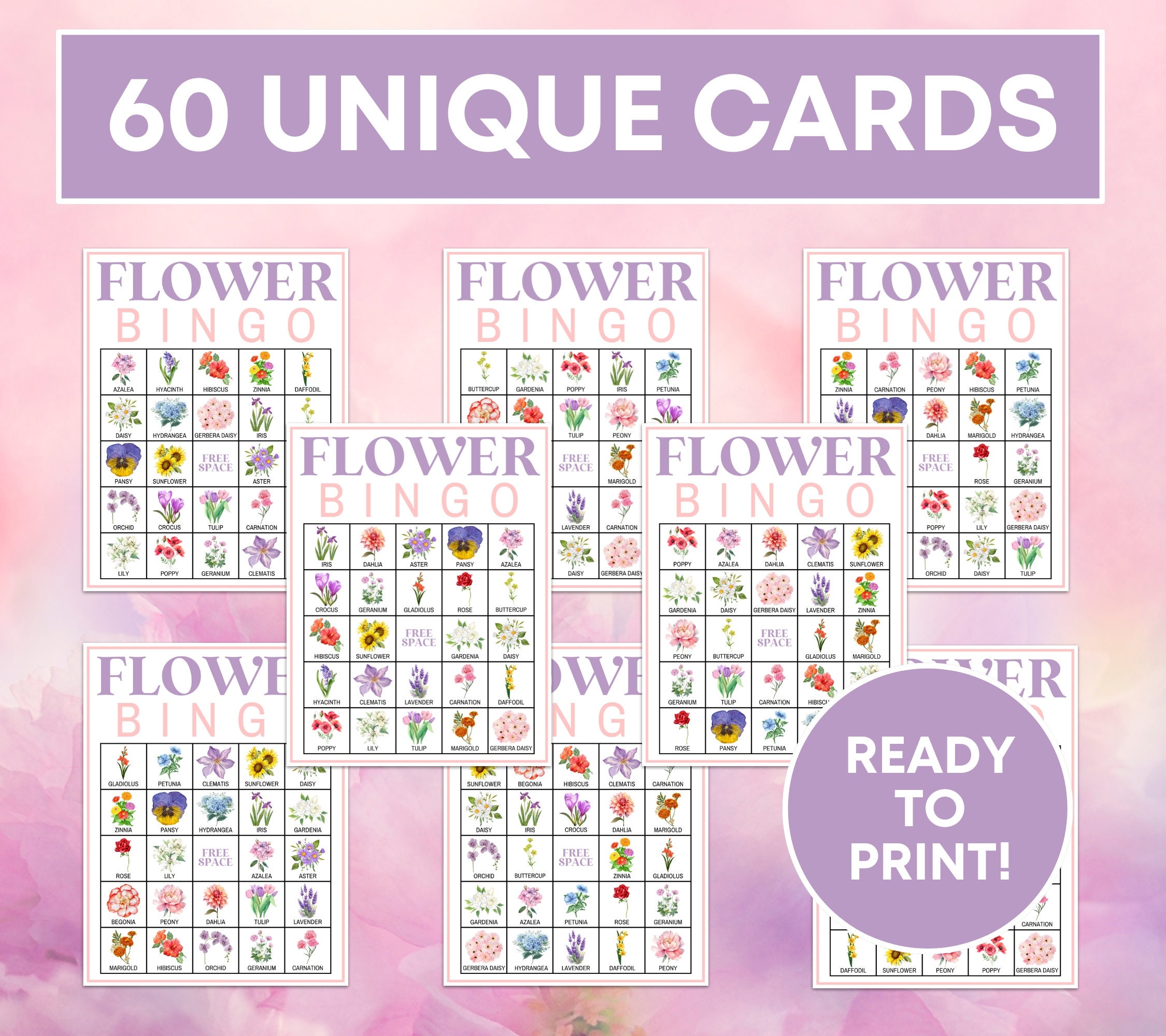 60 Flower Bingo Cards Printable Game, Floral Spring Bingo Boards Kids ...