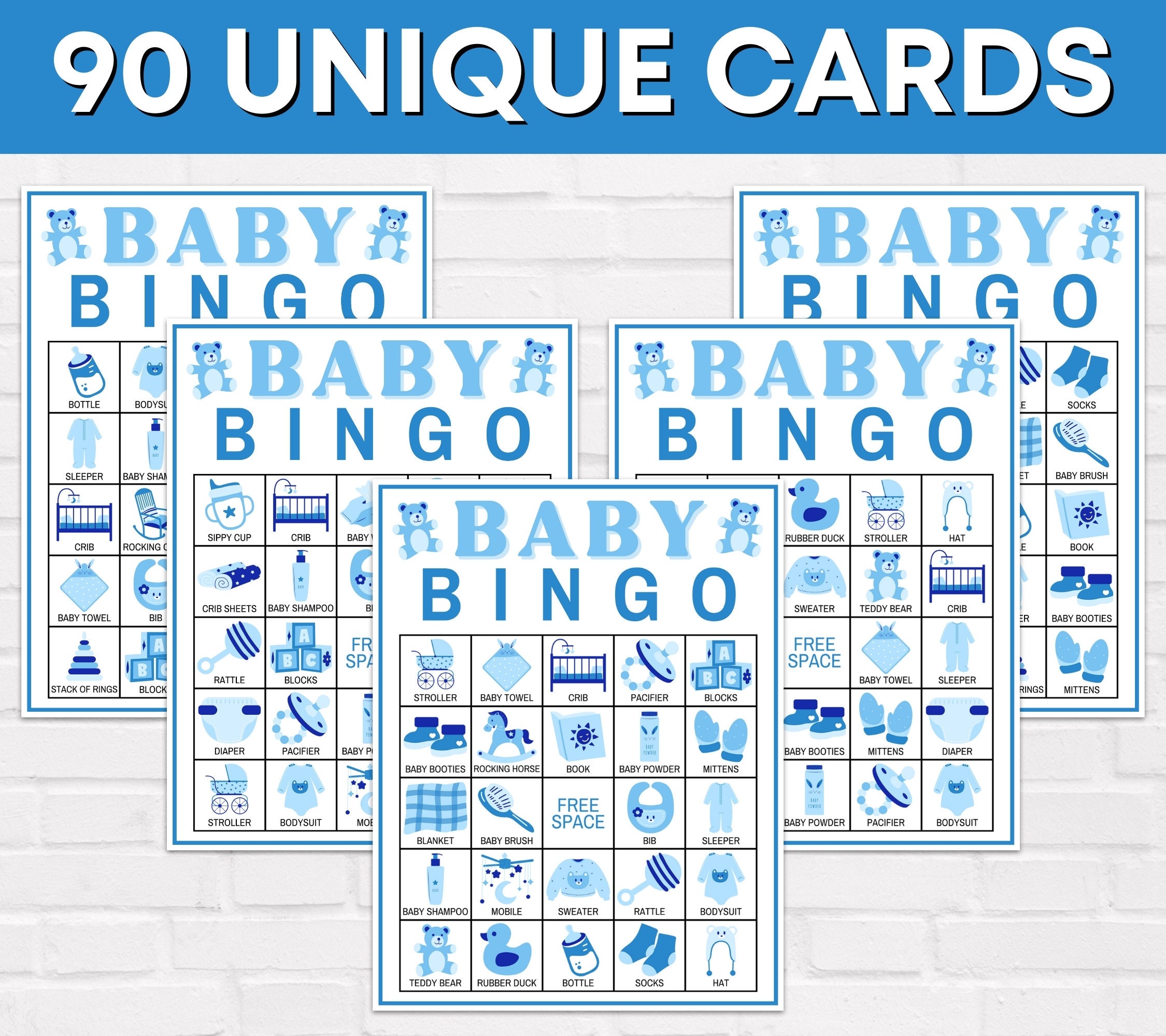 90 Baby Bingo Cards Printable Game, Baby Boy Shower Bingo Game Boards ...