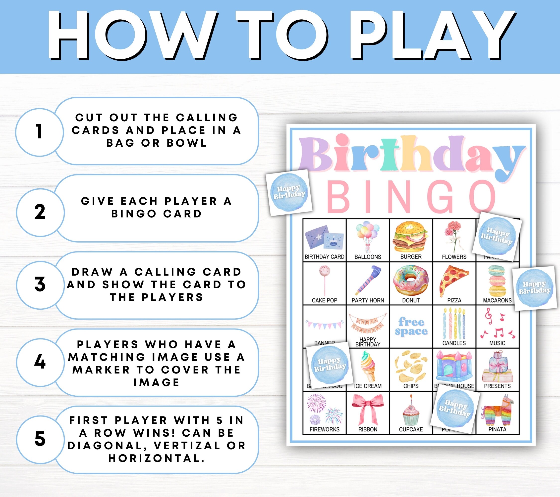 60 Birthday Bingo Cards Printable Game, Pastel Kids Birthday Bingo ...