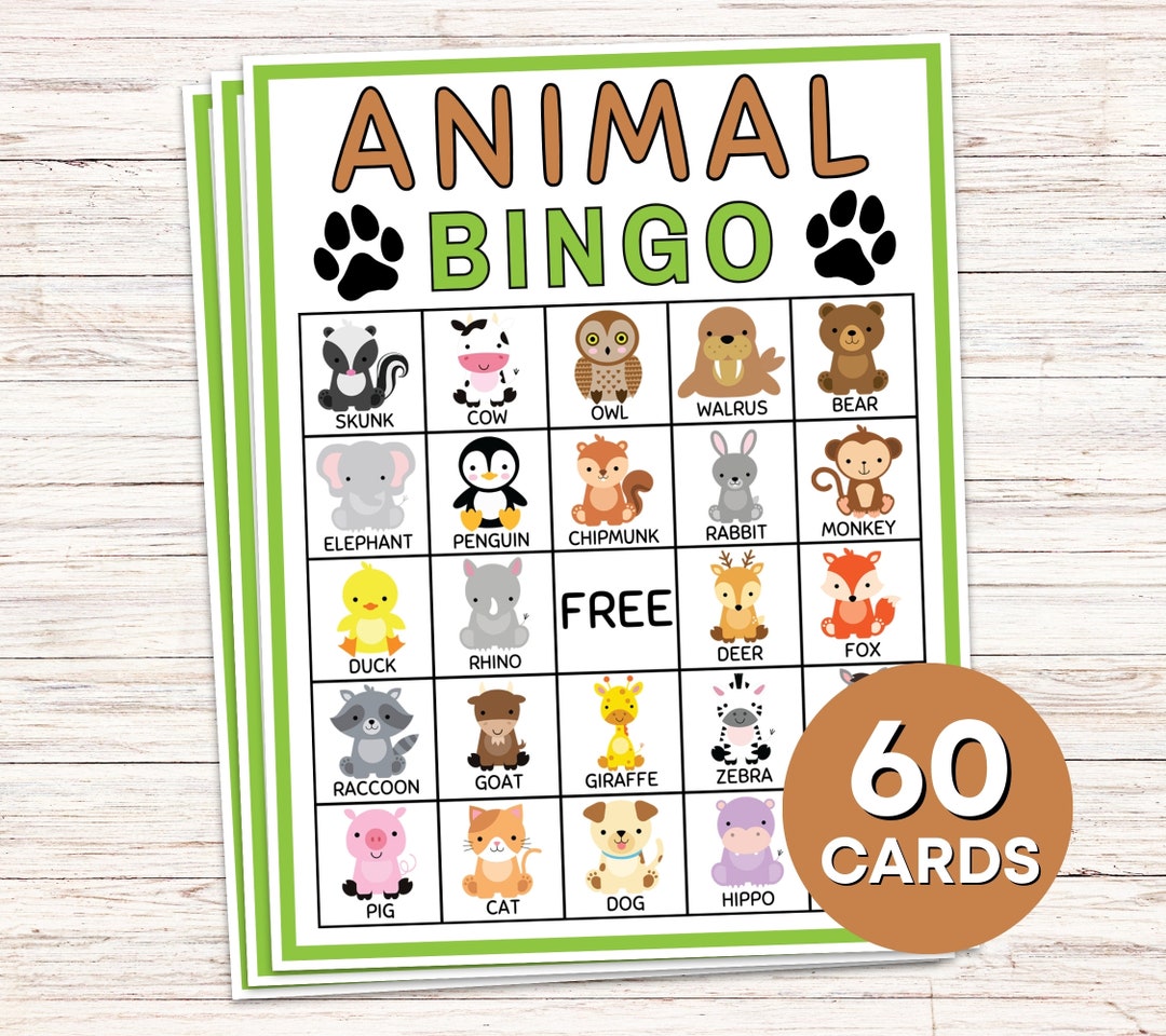 60 Animal Bingo Cards Printable Game, Zoo Baby Animal Bingo Boards ...