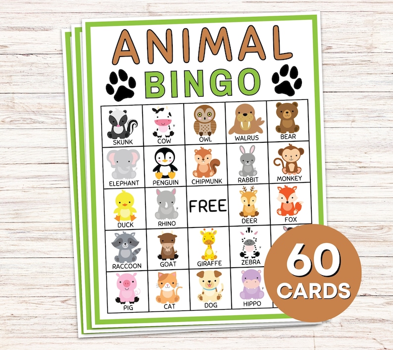 60 Animal Bingo Cards Printable Game, Zoo Baby Animal Bingo Boards ...