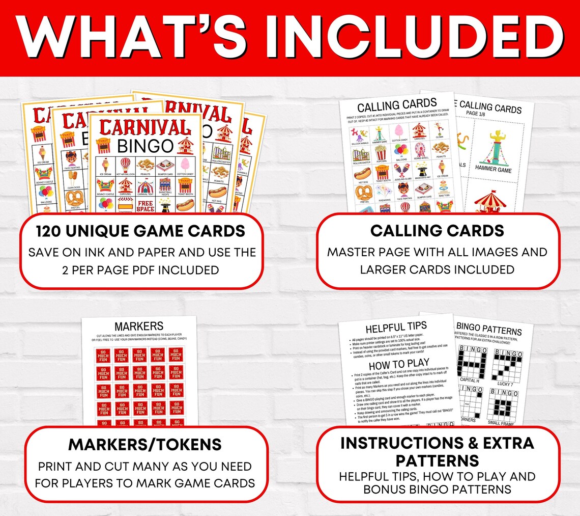 120 Carnival Bingo Cards Printable Game, Carnival Party Bingo Boards ...