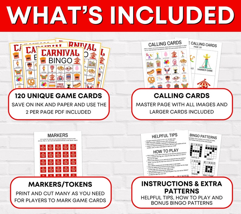 120 Carnival Bingo Cards Printable Game, Carnival Party Bingo Boards ...