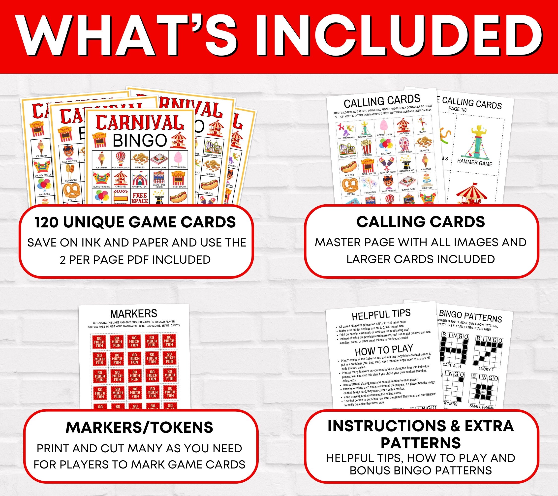120 Carnival Bingo Cards Printable Game, Carnival Party Bingo Boards ...
