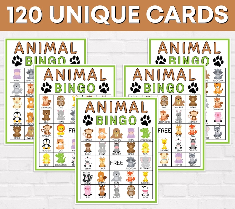 120 Animal Bingo Cards Printable Game, Zoo Baby Animal Bingo Board ...