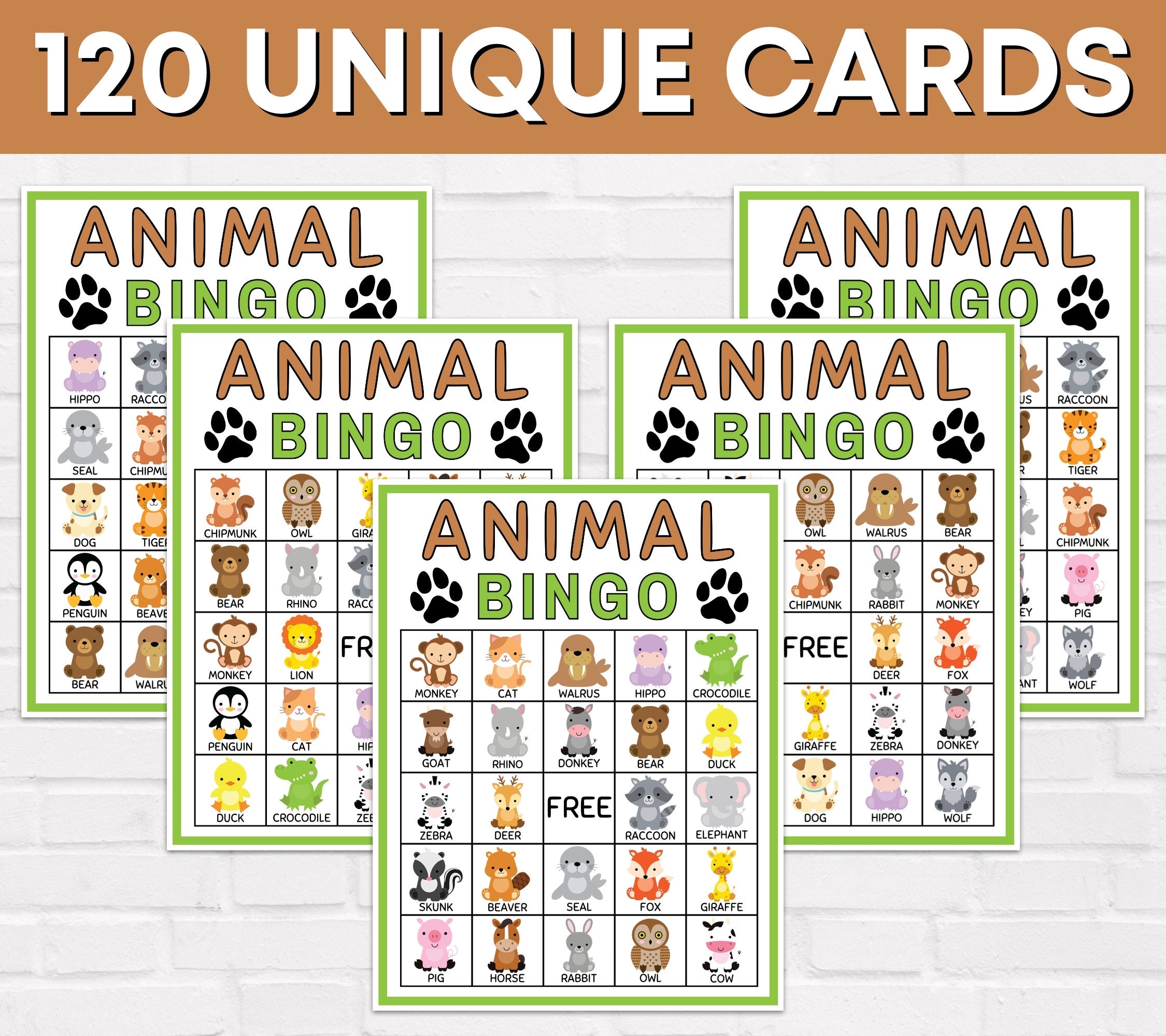 120 Animal Bingo Cards Printable Game, Zoo Baby Animal Bingo Board ...