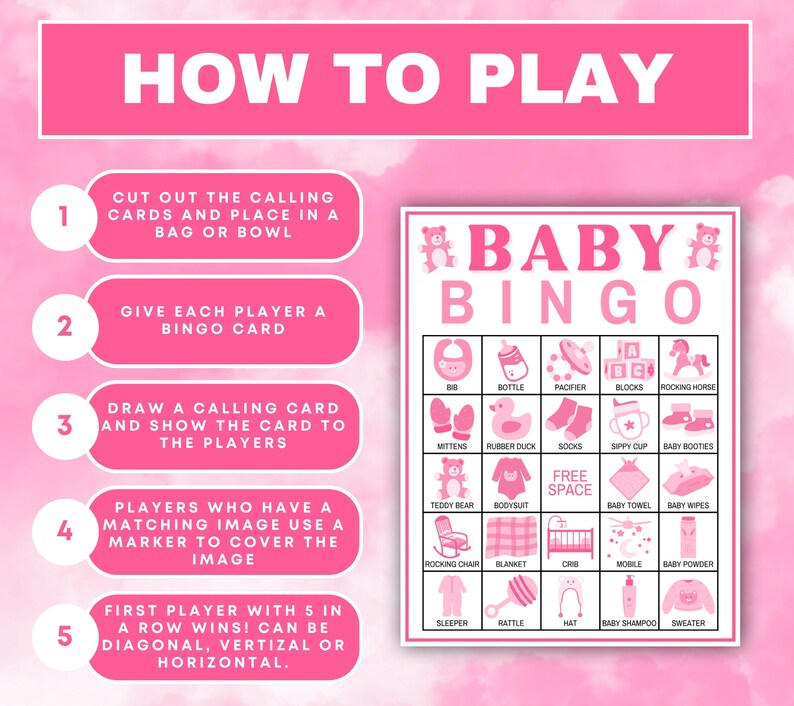 60 Baby Bingo Cards Printable Game, Baby Girl Shower Bingo Game Boards ...