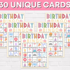 30 Birthday Bingo Cards Printable Game, Pastel Kids Birthday Bingo ...