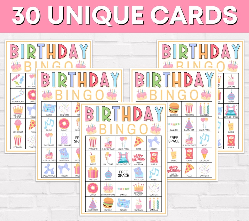 30 Birthday Bingo Cards Printable Game, Pastel Kids Birthday Bingo ...