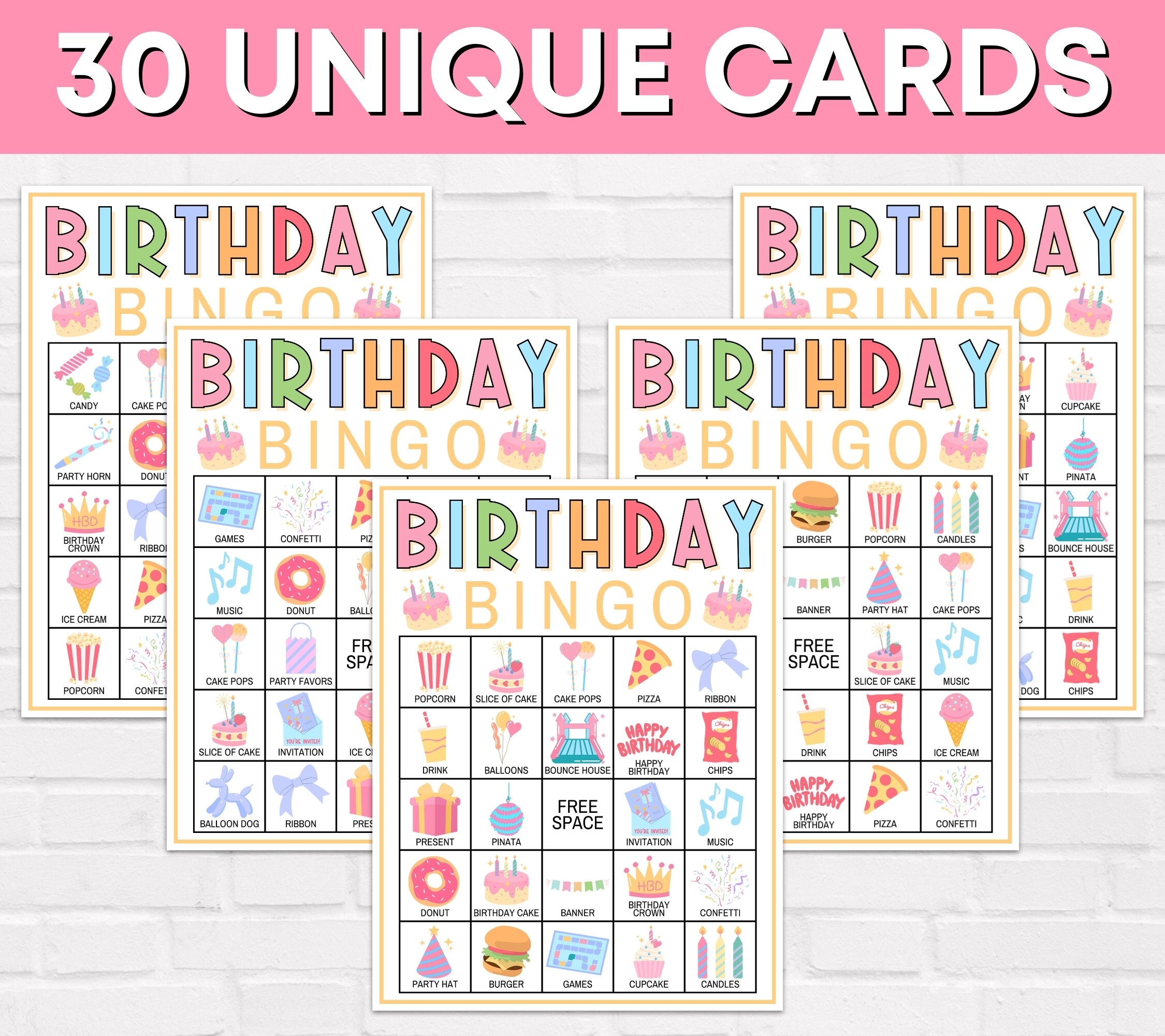 30 Birthday Bingo Cards Printable Game, Pastel Kids Birthday Bingo Boards Party Game, Girls ...