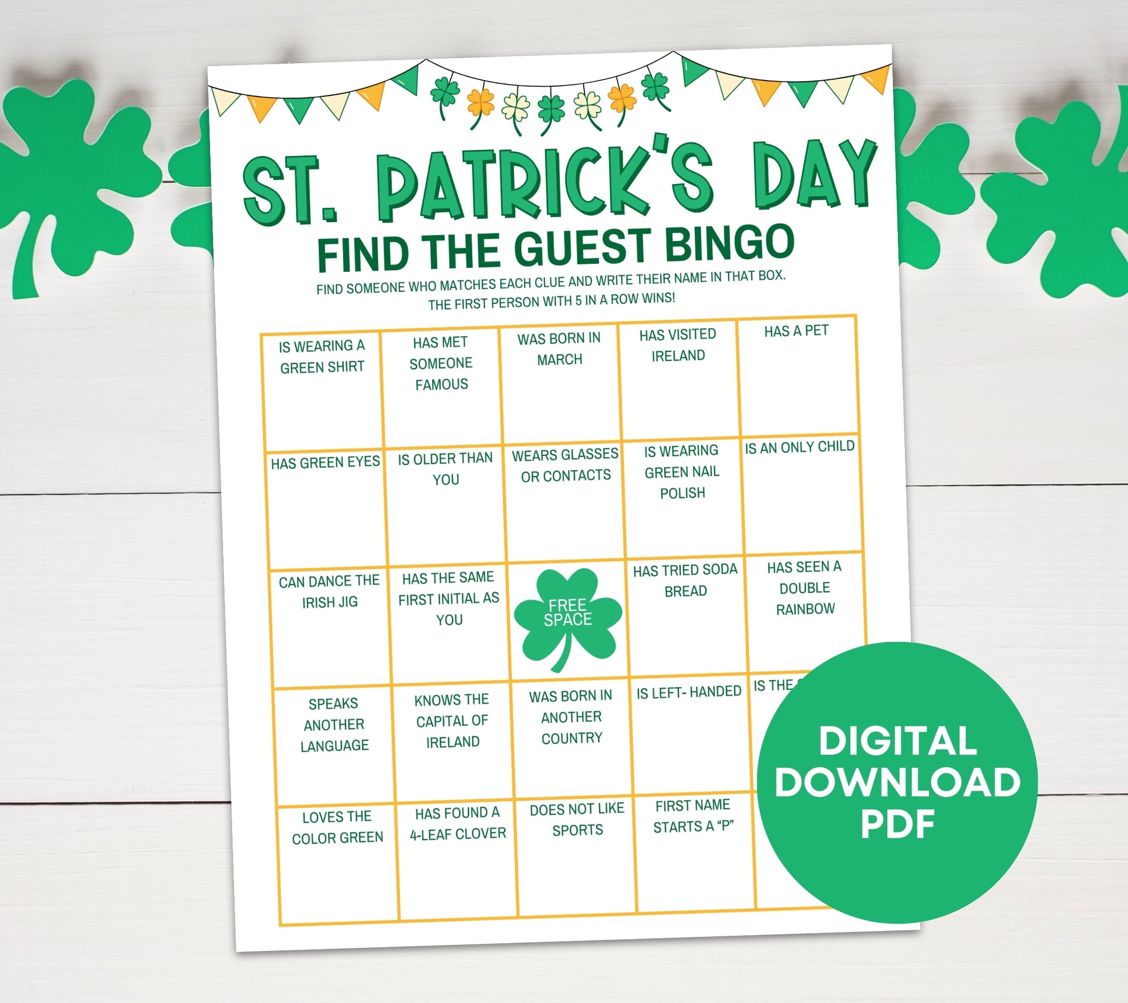 St Patrick's Day Find the Guest Bingo Game, St Patricks Day Party ...
