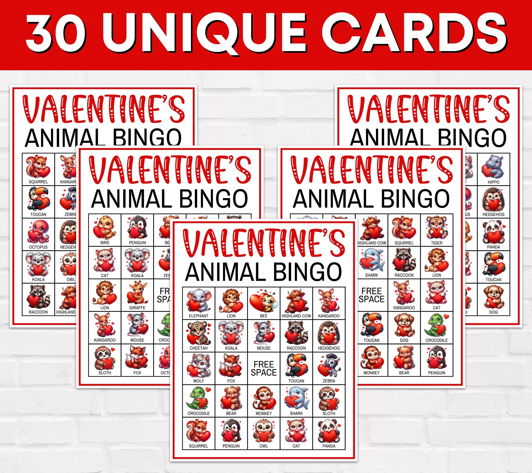 30 Valentines Animal Bingo Cards Printable Game, Valentines Animal ...