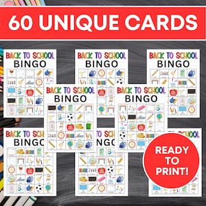 60 Back to School Bingo Cards Printable Game, First Day of School Bingo ...