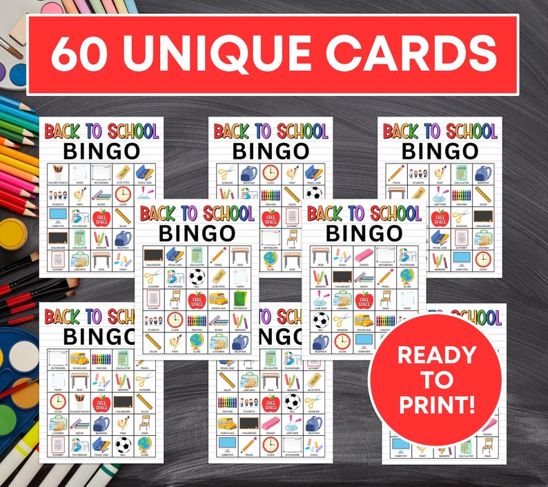 60 Back to School Bingo Cards Printable Game, First Day of School Bingo ...